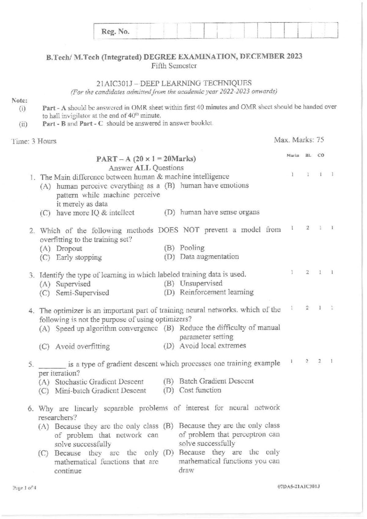 Deep Learning Techniques - 21AIC301J, 5th Sem Exam Guide - Studocu