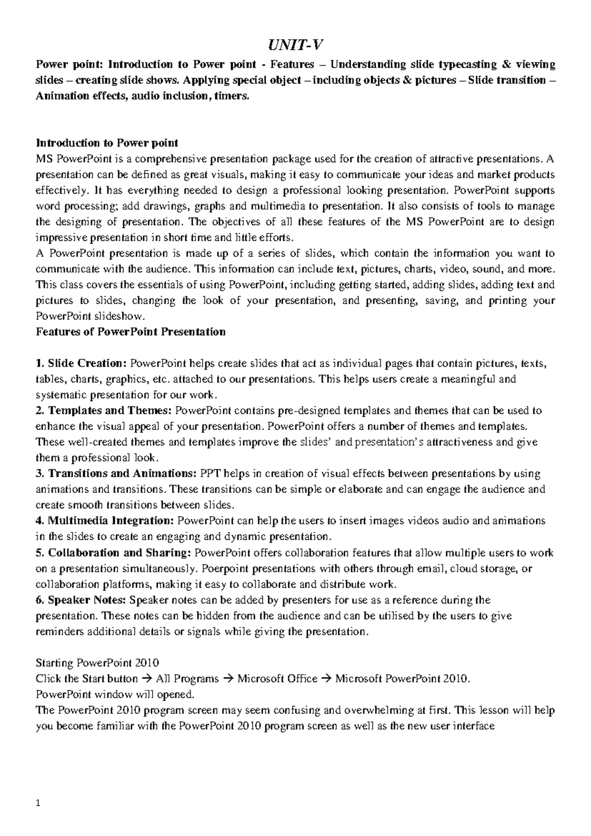 OA UNIT V - PowerPoint Presentation Essentials and Features Overview ...