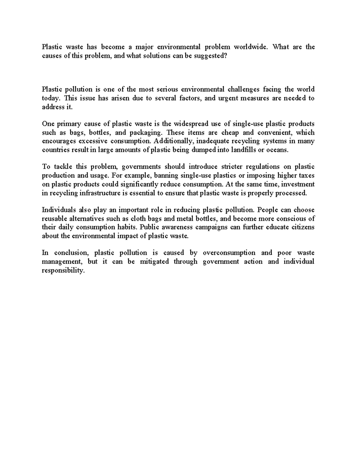 Wri 5 - Tiếng Anh cơ bản: Causes & Solutions for Plastic Pollution ...