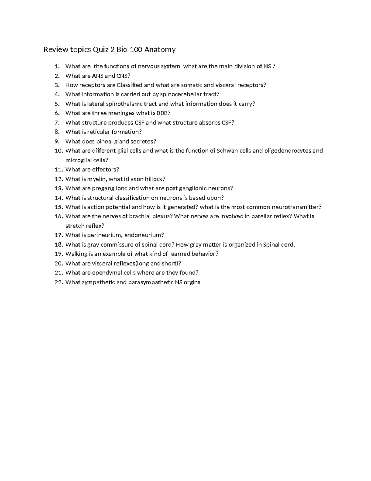 Quiz 2 Study Guide: Bio 100 Anatomy - Nervous System Functions ...