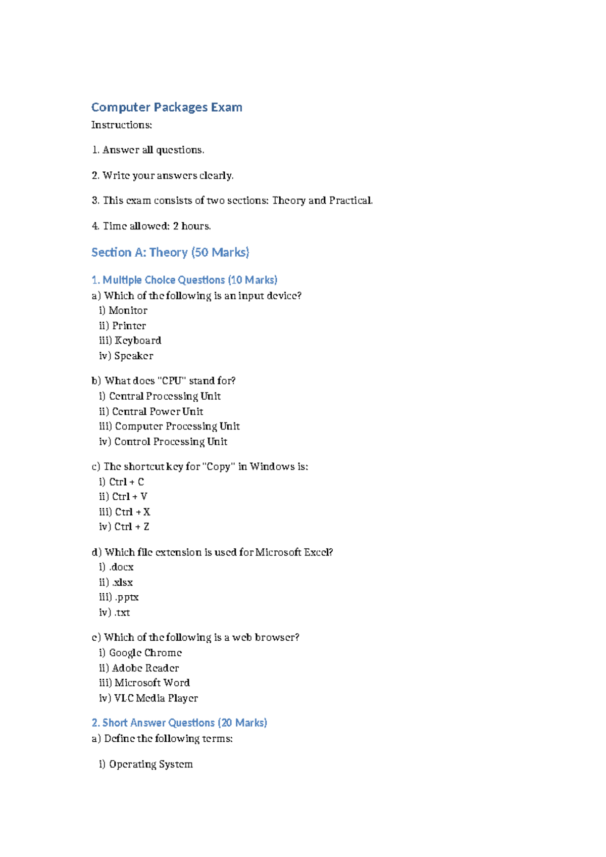 Computer Packages Exam Instructions & Question Breakdown - Studocu