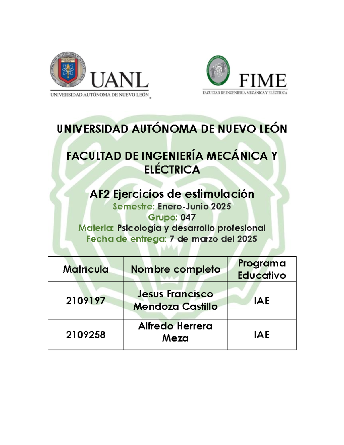 AF2 Ejercicios de estimulacion - UNIVERSIDAD AUTÓNOMA DE NUEVO LEÓN FACULTAD DE INGENIERÍA ...