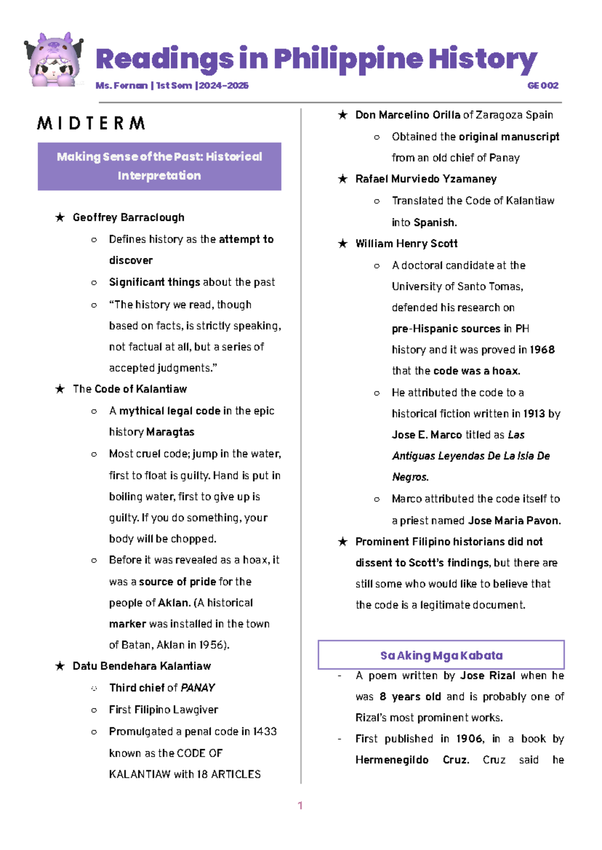 Midterm Reviewer RPH - Ms. Fernan | 1st Sem | 2024-2025 GE 002 M I D T ...