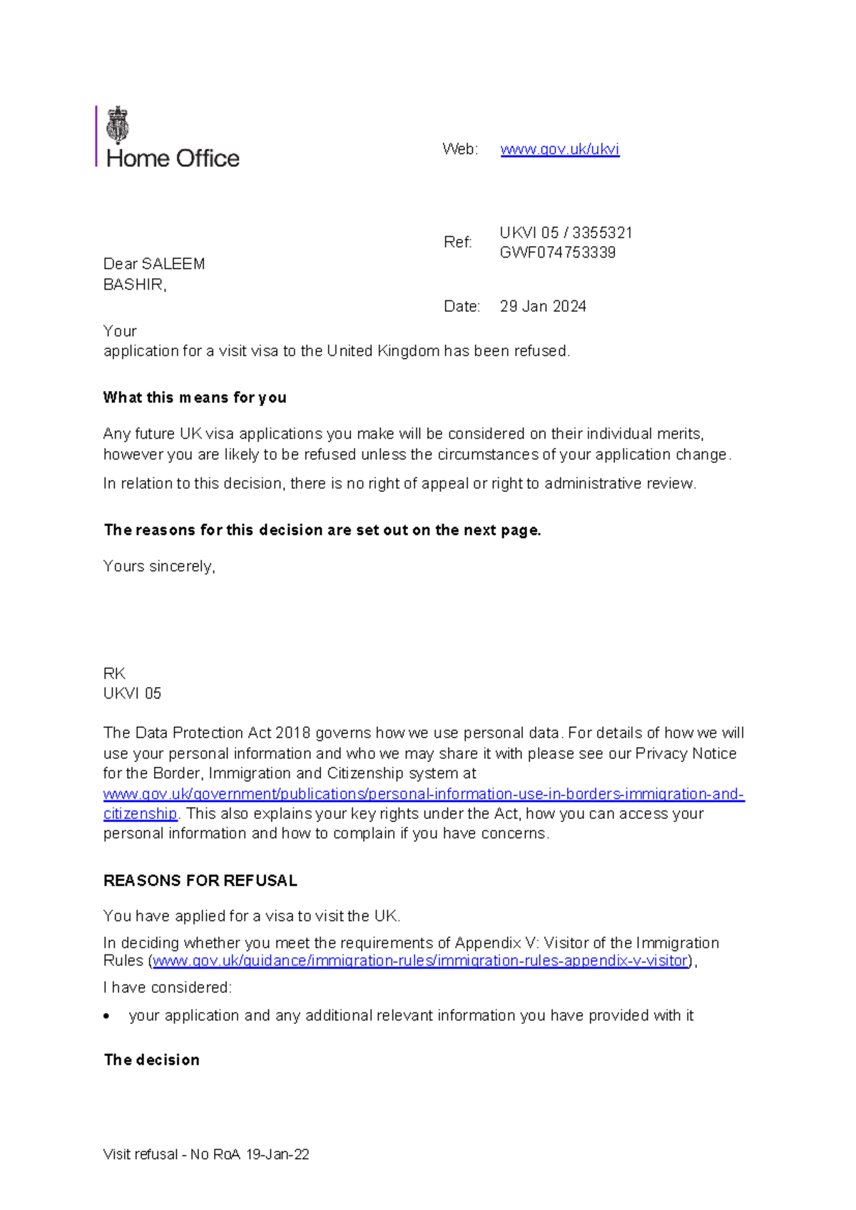 GWF074753339 Refusal Letter 2024-01-30 - Visit refusal - No RoA 19-Jan ...