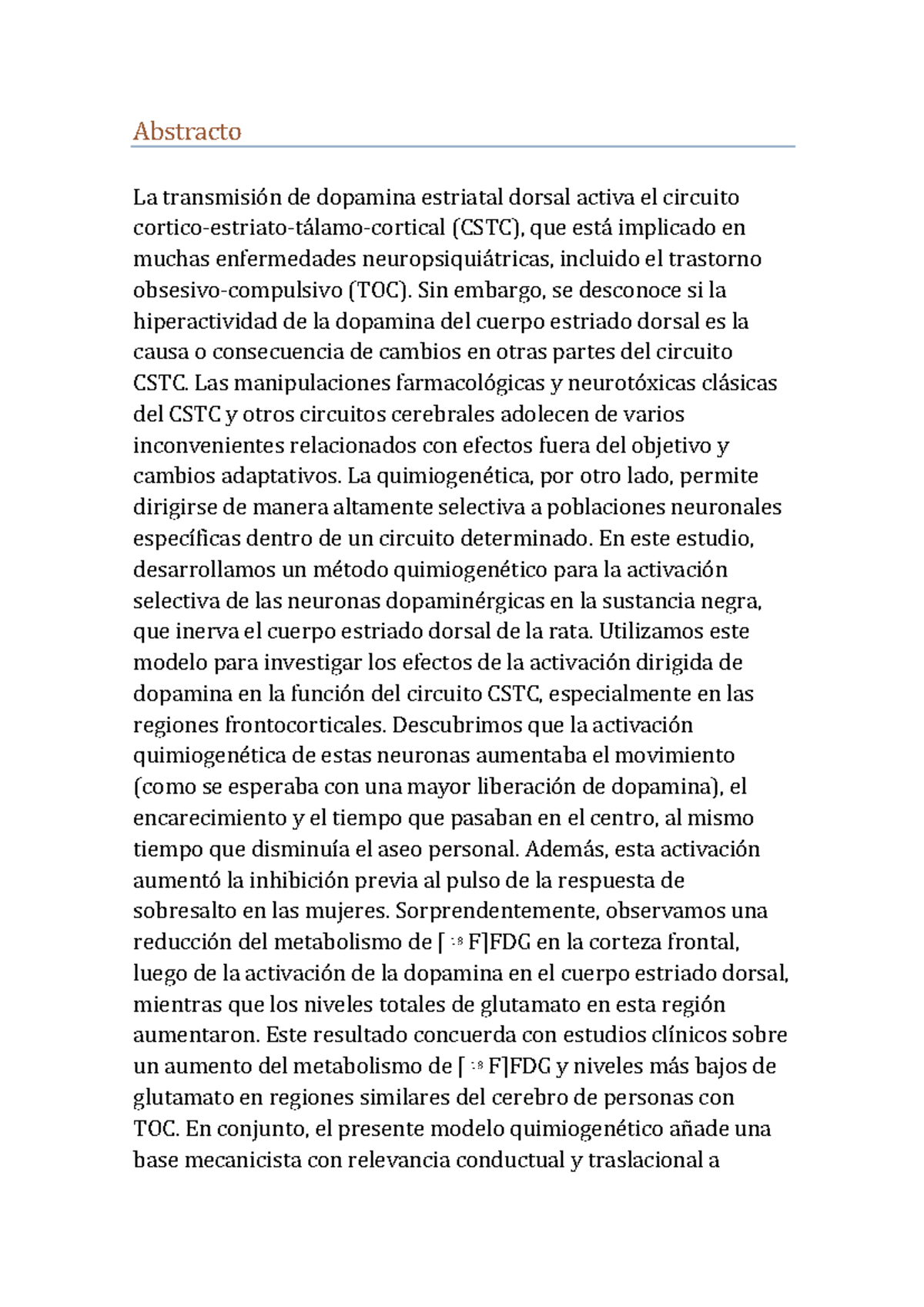 Articulo app3 - Abstracto La transmisión de dopamina estriatal dorsal activa el circuito - Studocu