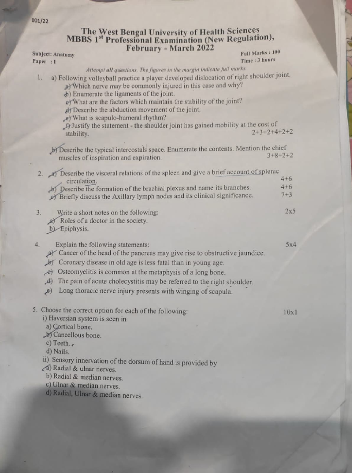 MBBS 1st Professional Exam Paper: Anatomy & Physiology, Feb-Mar 2022 ...