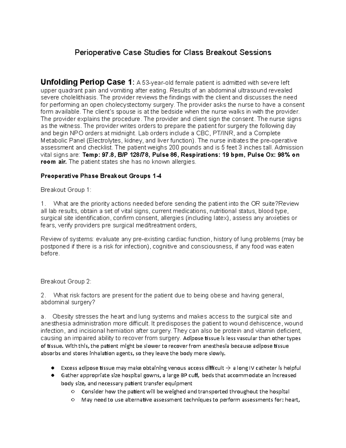 Perioperative Case Studies for Nursing Class (NURS 101) - Studocu