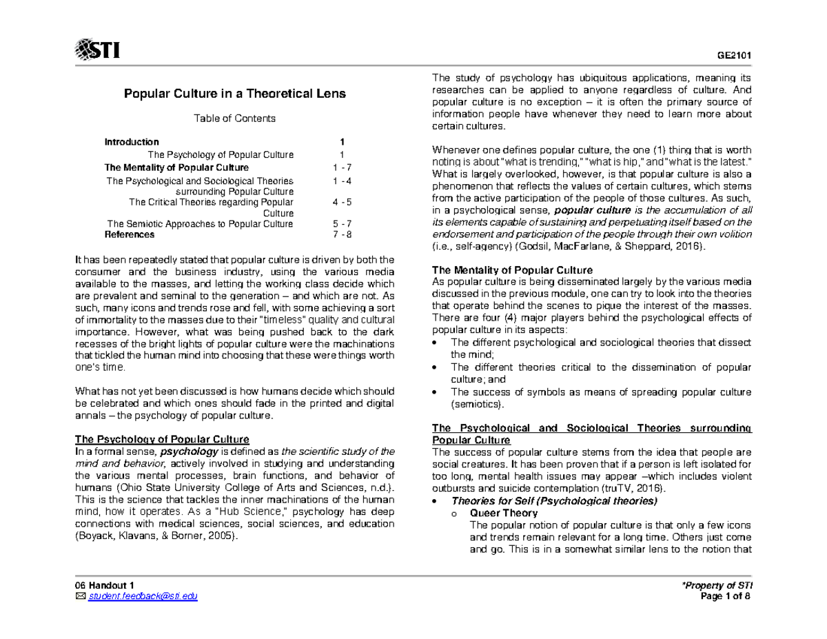GE2101 Final Exam Notes: Theories of Popular Culture Analysis - Studocu