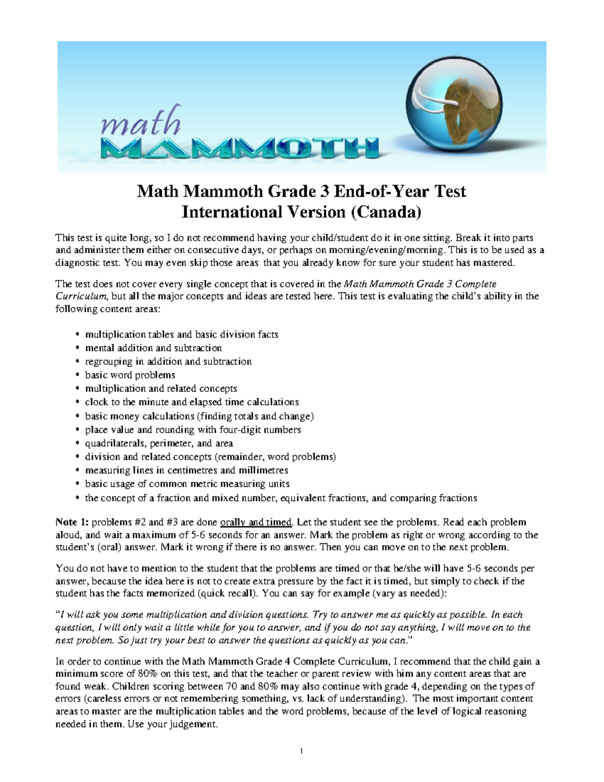 End of Year Test Grade 3 (Canada) - Math Mammoth Assessment - Studocu