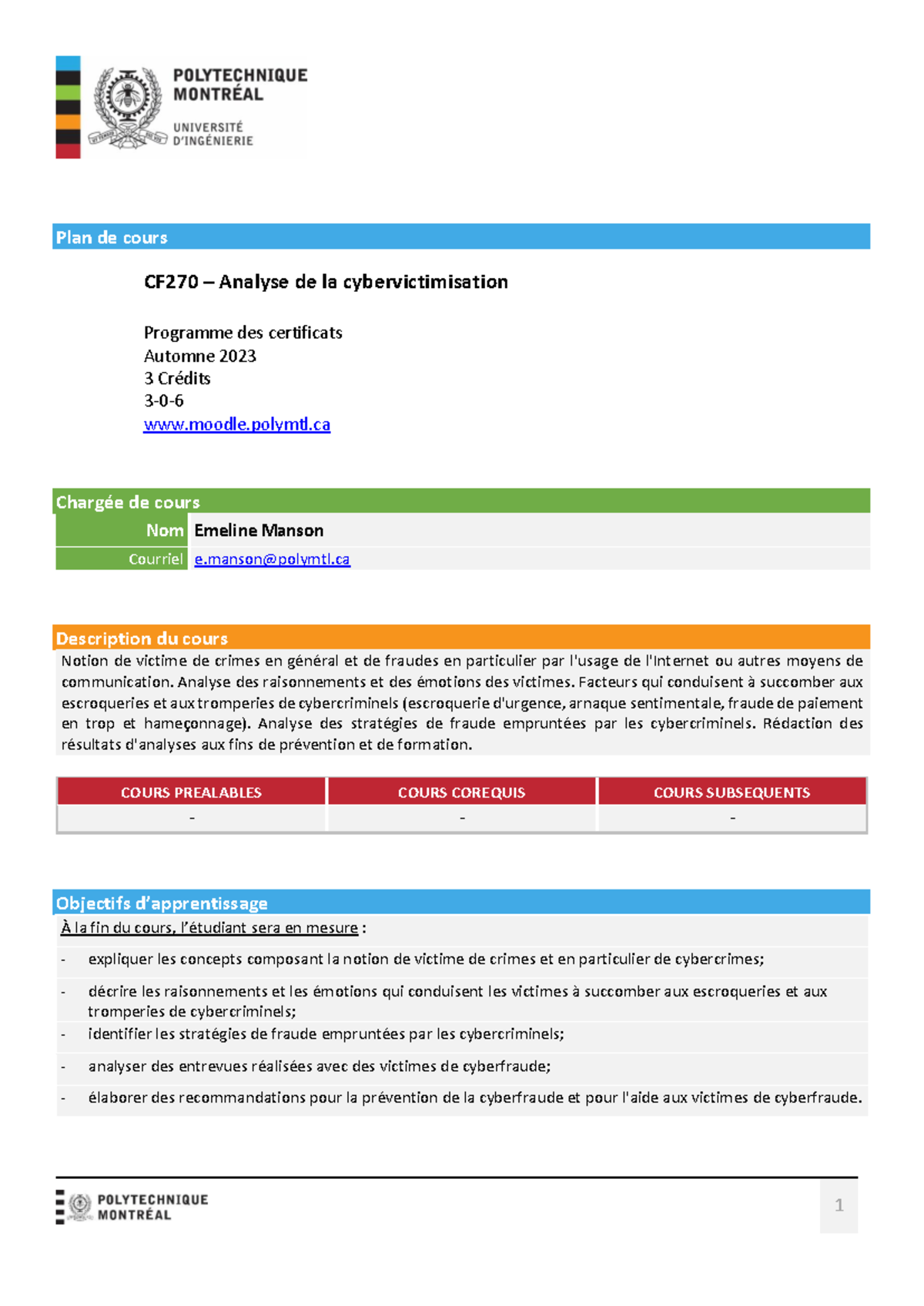 CF270 PCours Officiel 20233 - Plan de cours CF270 – Analyse de la ...