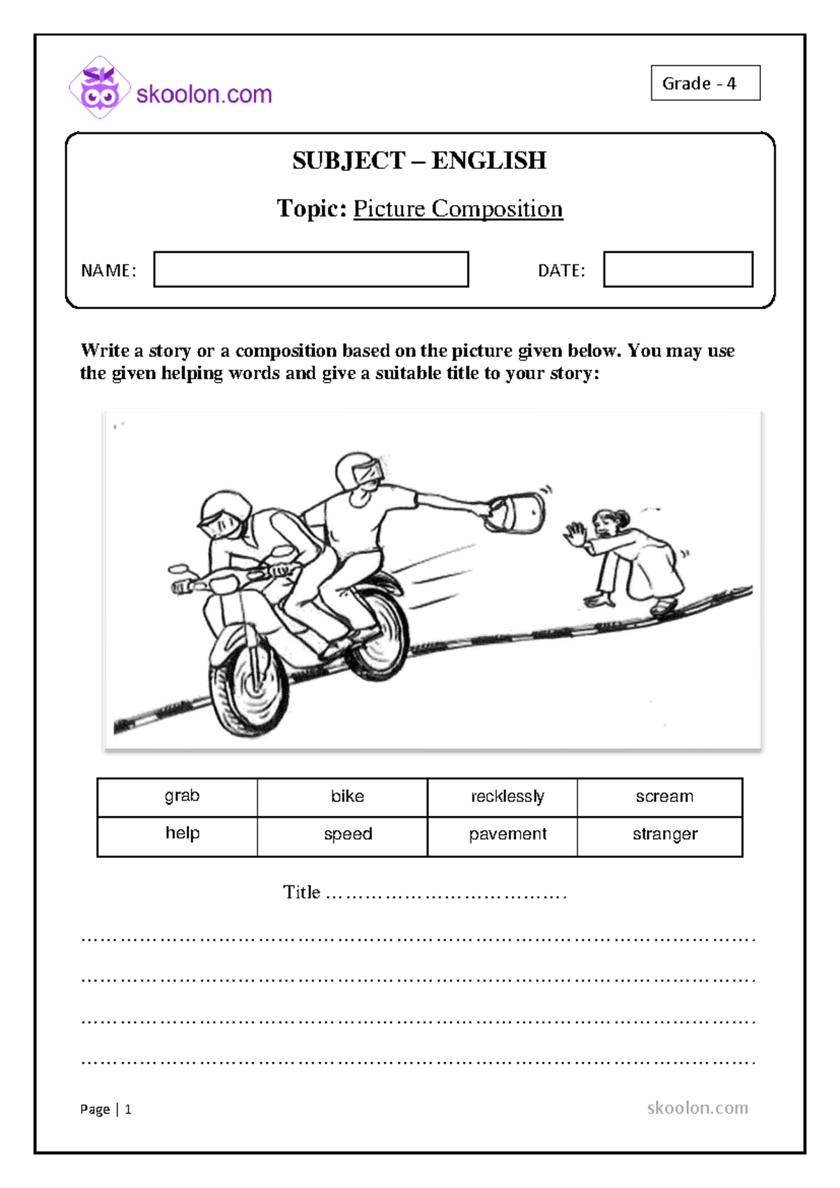 Grade 4 English Picture Composition 1 - Page | 1 skoolon Grade - 4 ...