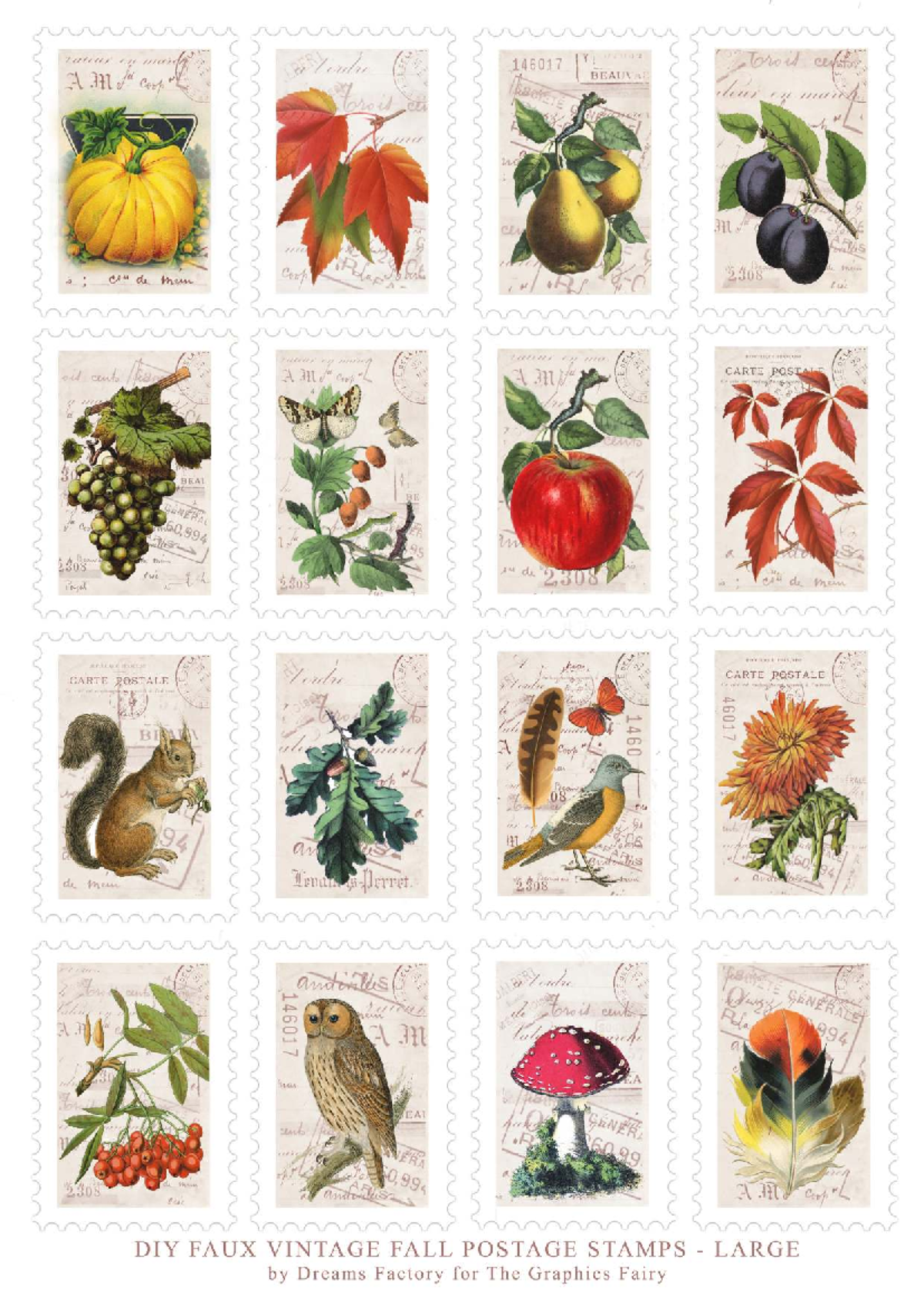 DIY Vintage Fall Postage Stamps - Large Design Guide - Studeersnel