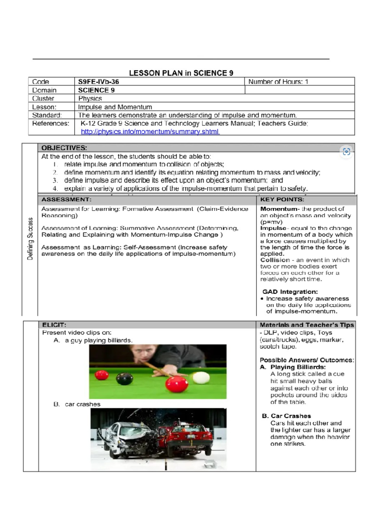 LESSON PLAN: Impulse and Momentum in SCIENCE 9 (Code: 2025 - C.O DLL ...