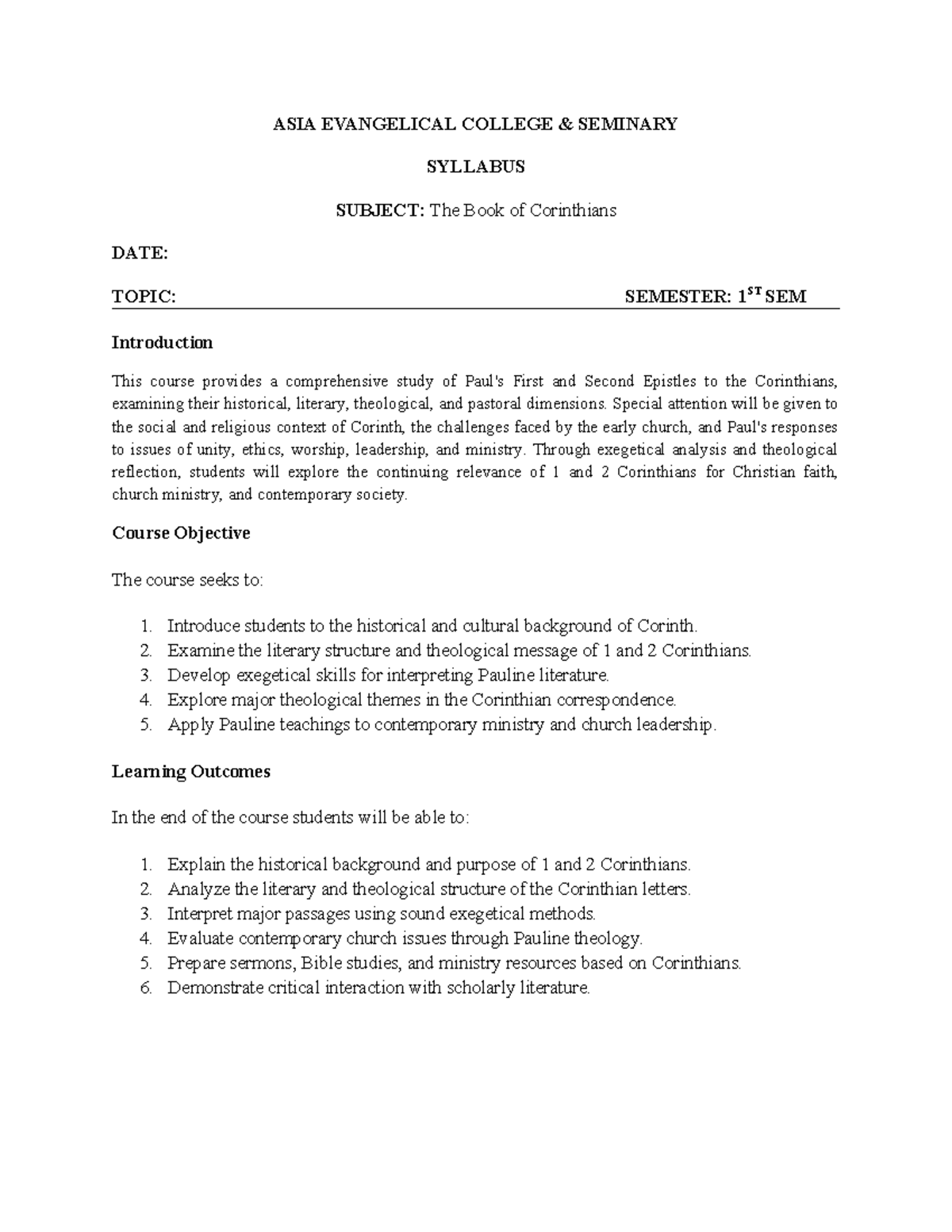 Syllabus for 1-2 Corinthians (DK): Comprehensive Study Guide - Studocu