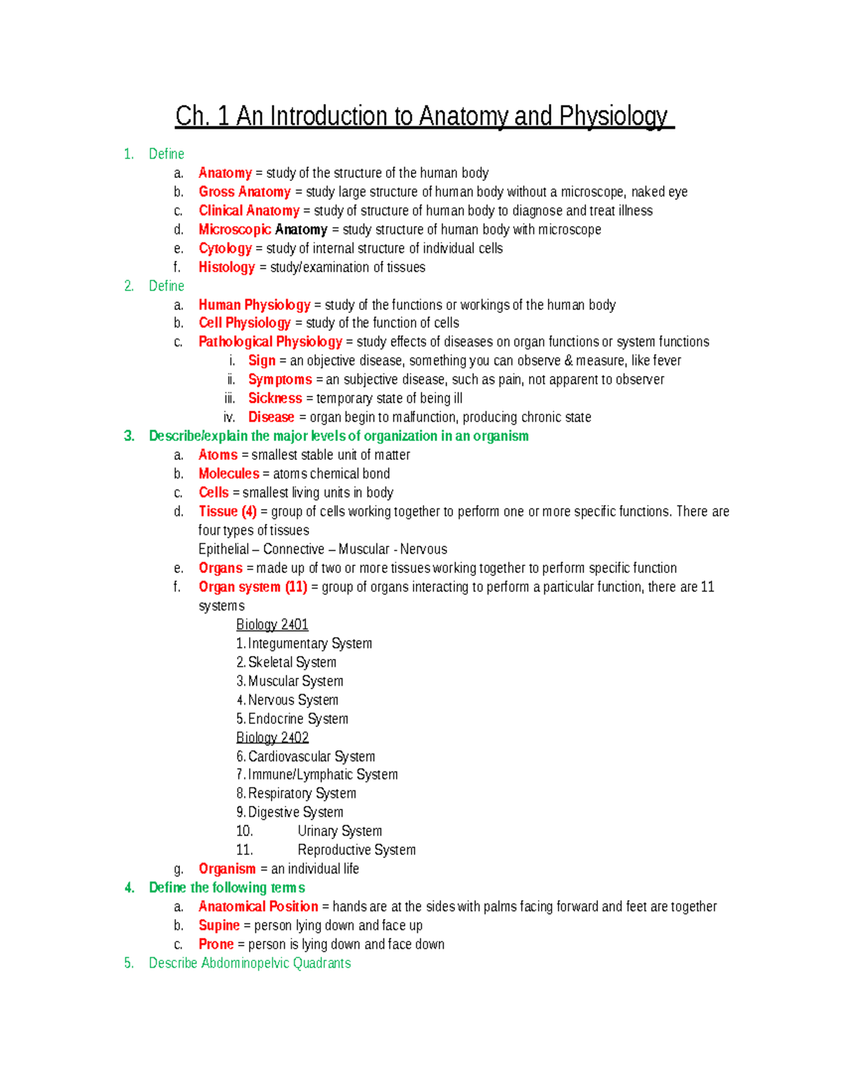 Ch 1 Notes - Ch. 1 An Introduction to Anatomy and Physiology 1. Define ...