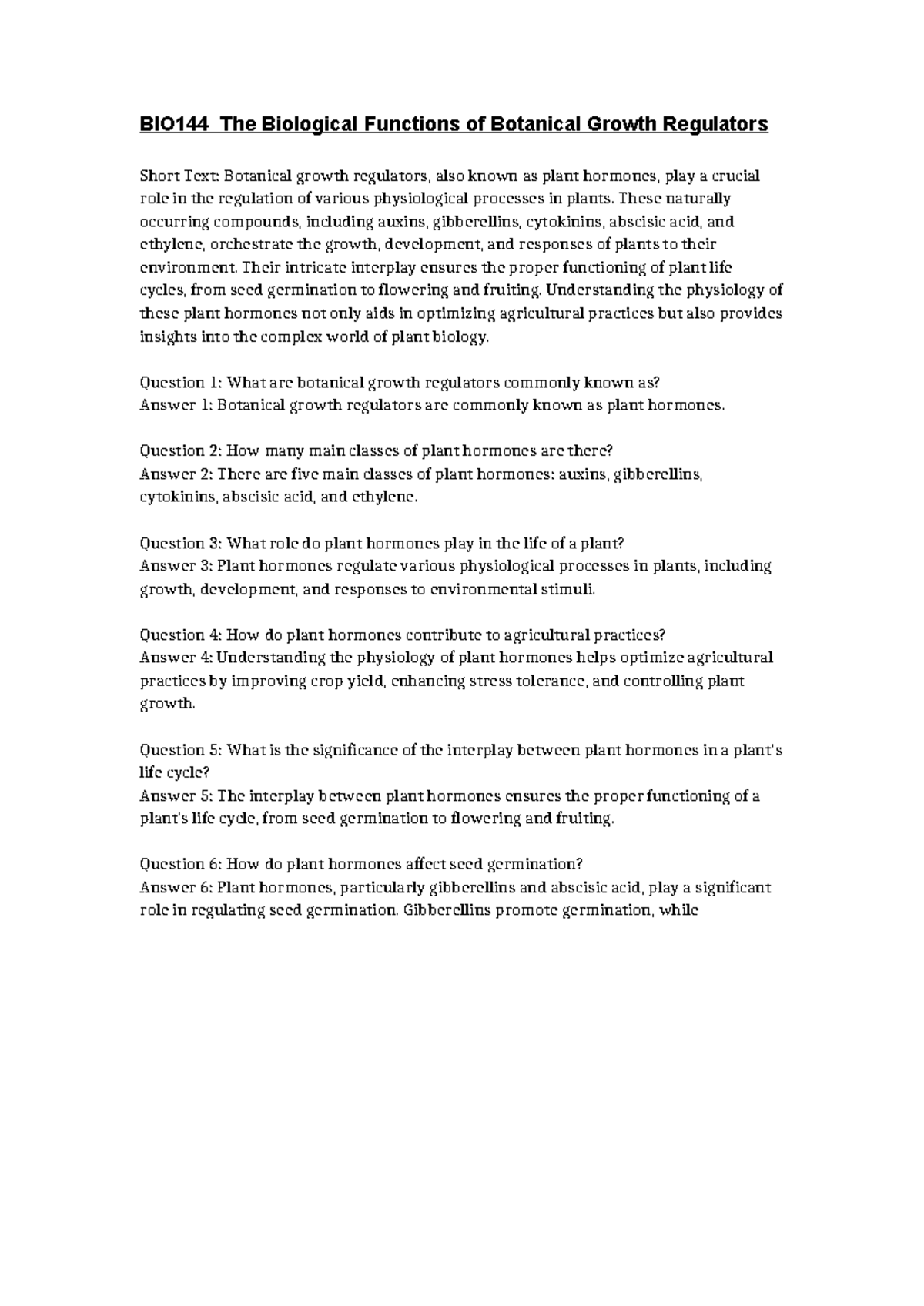 BIO144 Lecture Notes on Plant Hormones and Growth Regulators - Studocu