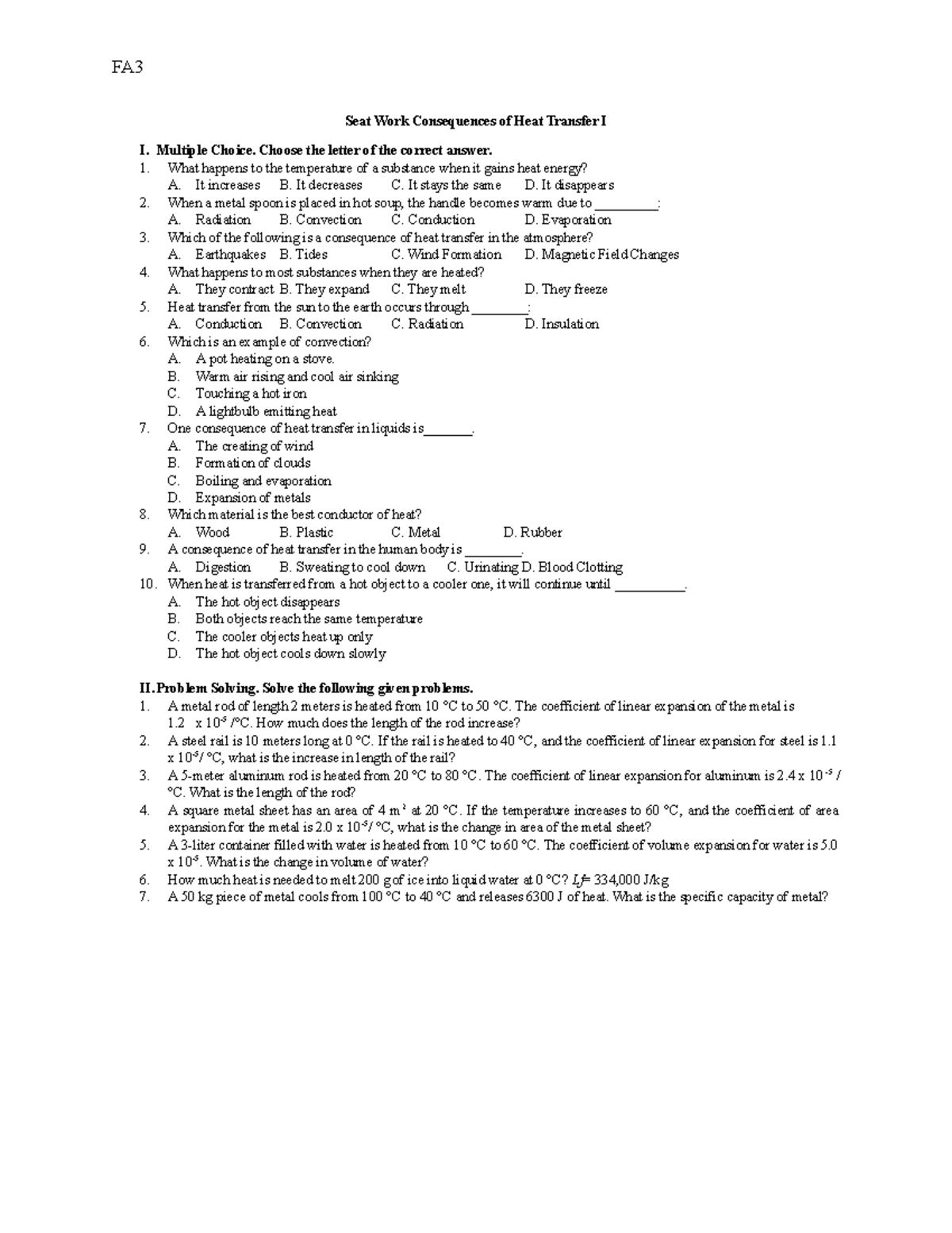 FA3 Midterm Exam: Consequences of Heat Transfer MCQs & Problems - Studocu