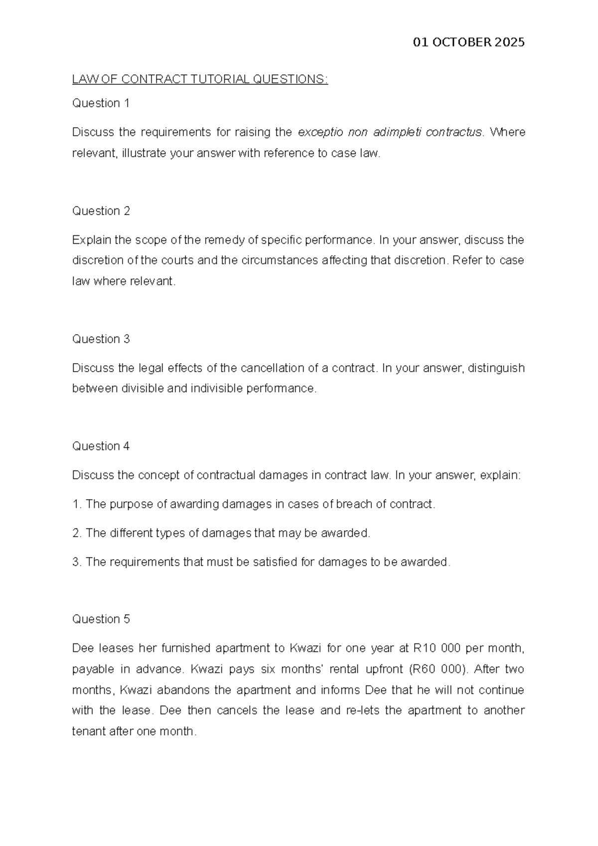 01 OCT 2025 LAW OF CONTRACT TUTORIAL QUESTIONS & CASE ANALYSIS - Studocu