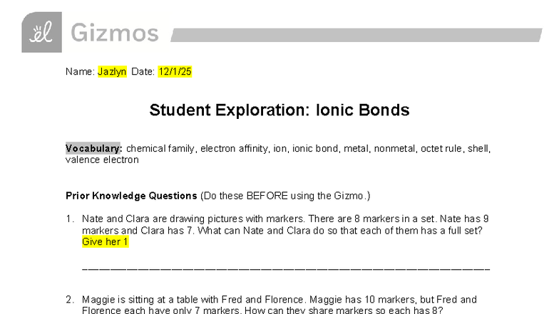 Ionic Bonding Gizmo Exploration - Concepts & Activities - Studocu