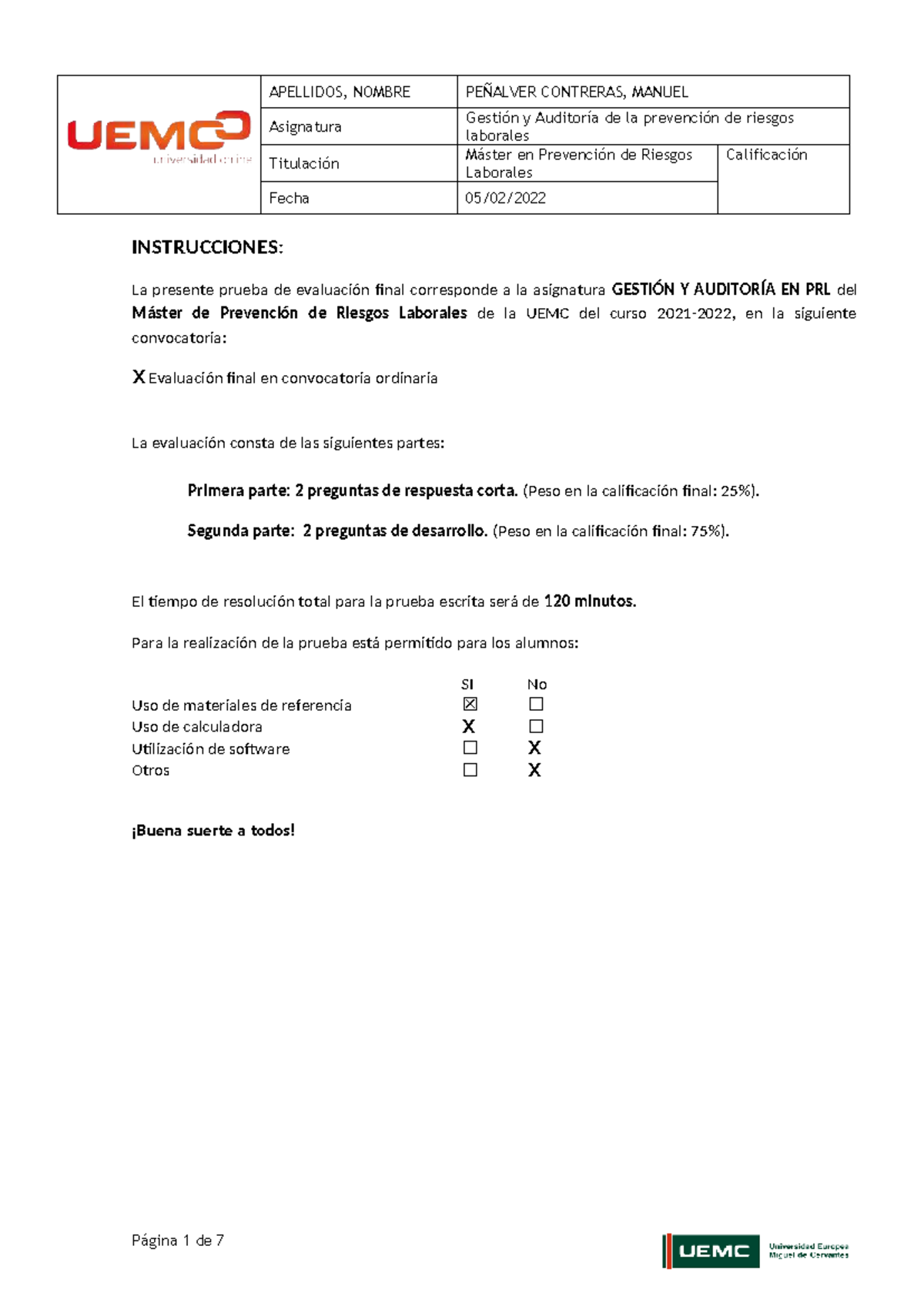 PRL O2 Examen Final Gestión y Auditoría en PRL Conv. Ordinaria 21-22 ...