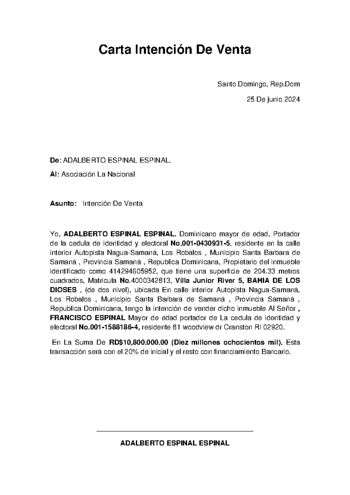 Ejemplo De Carta De Intención De Venta De Una Propiedad Modelo De
