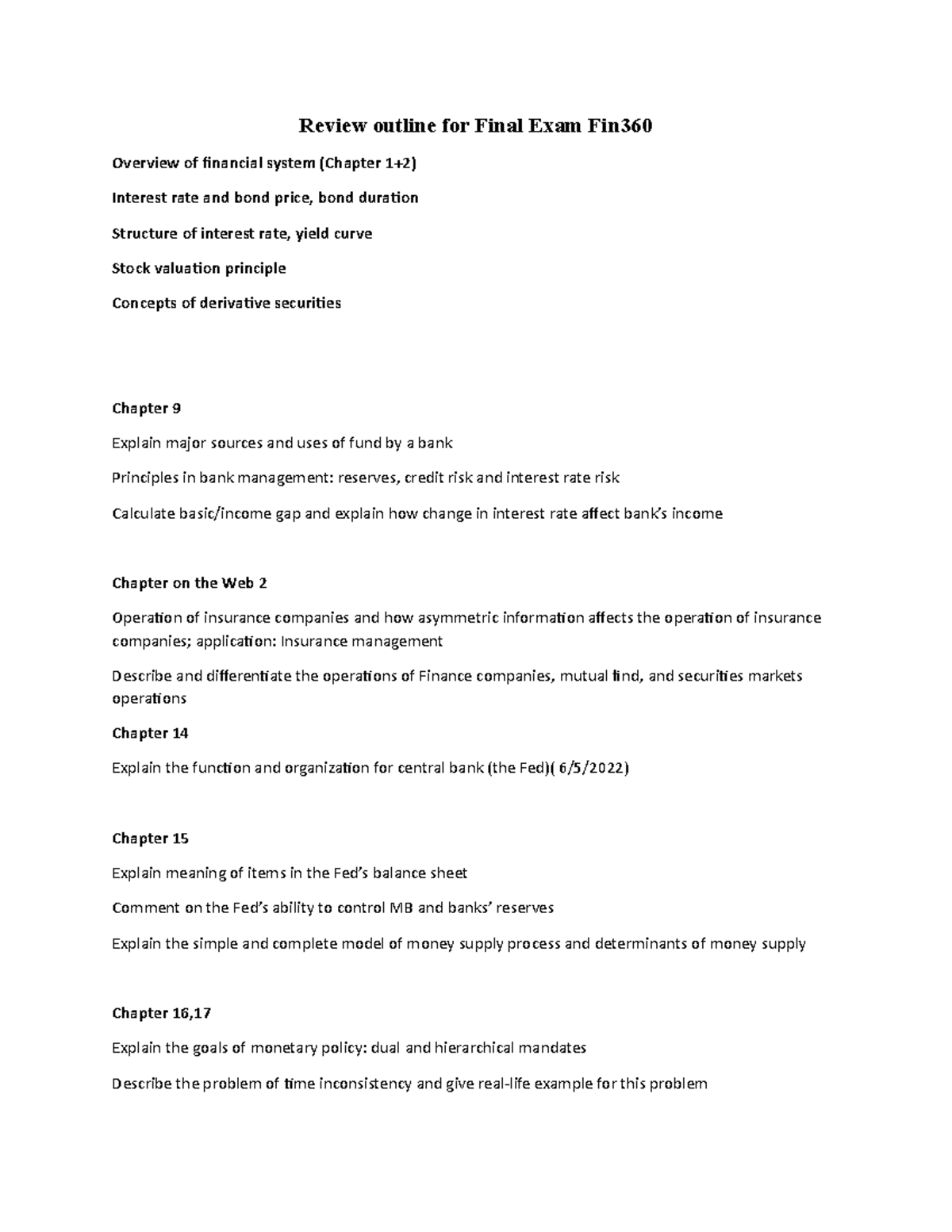 Final Exam Review Outline for Fin360: Key Concepts & Topics - Studocu