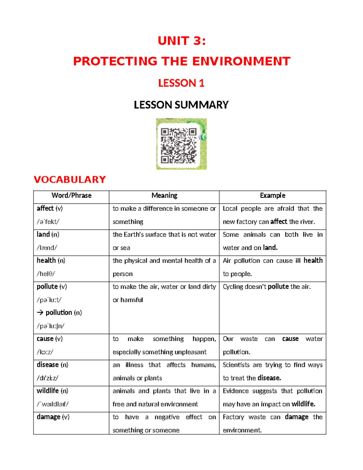 UNIT 3: PROTECTING THE ENVIRONMENT LESSON SUMMARY AND VOCABULARY - Studocu