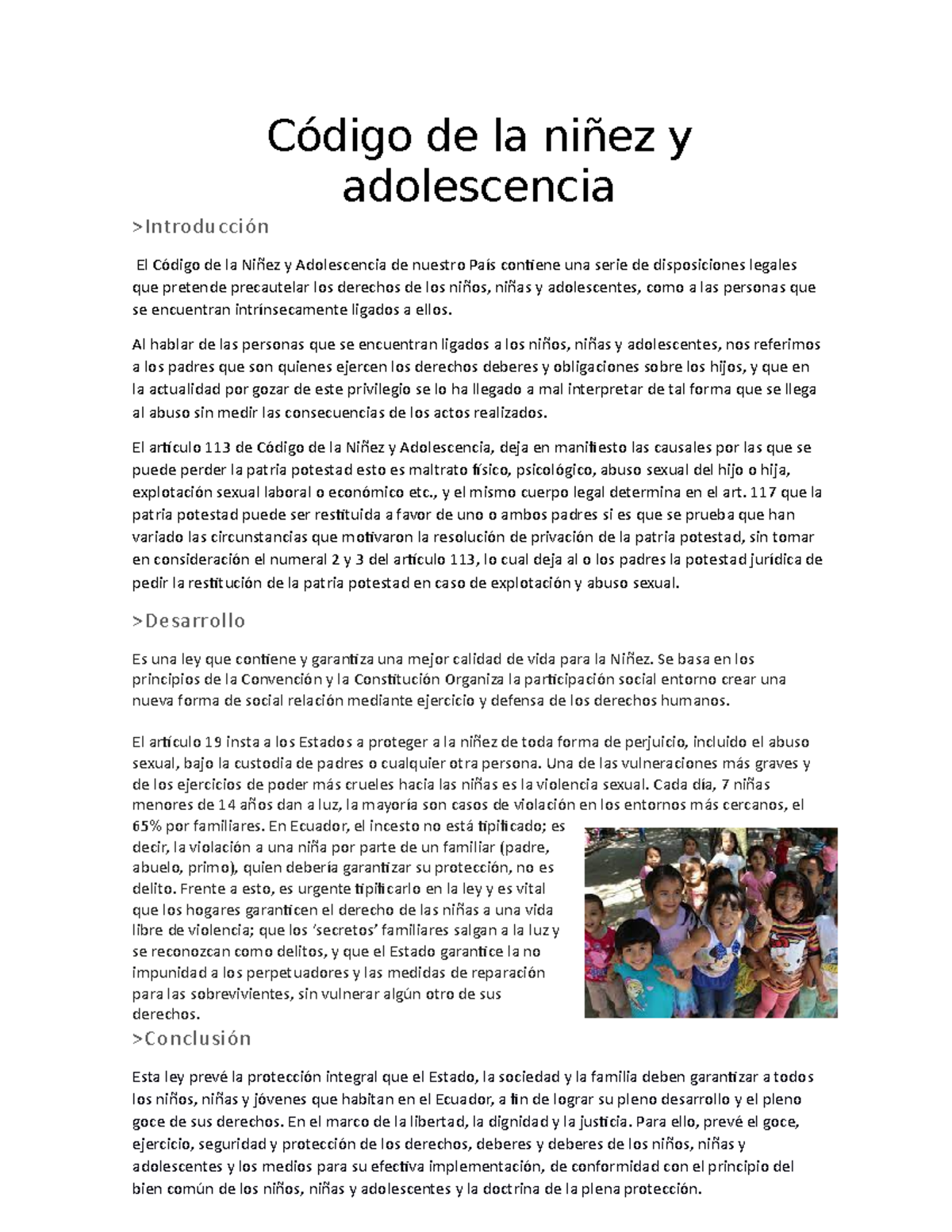 Código de la niñez y adolescencia Ensayo - Código de la niñez y adolescencia >Introducción El ...
