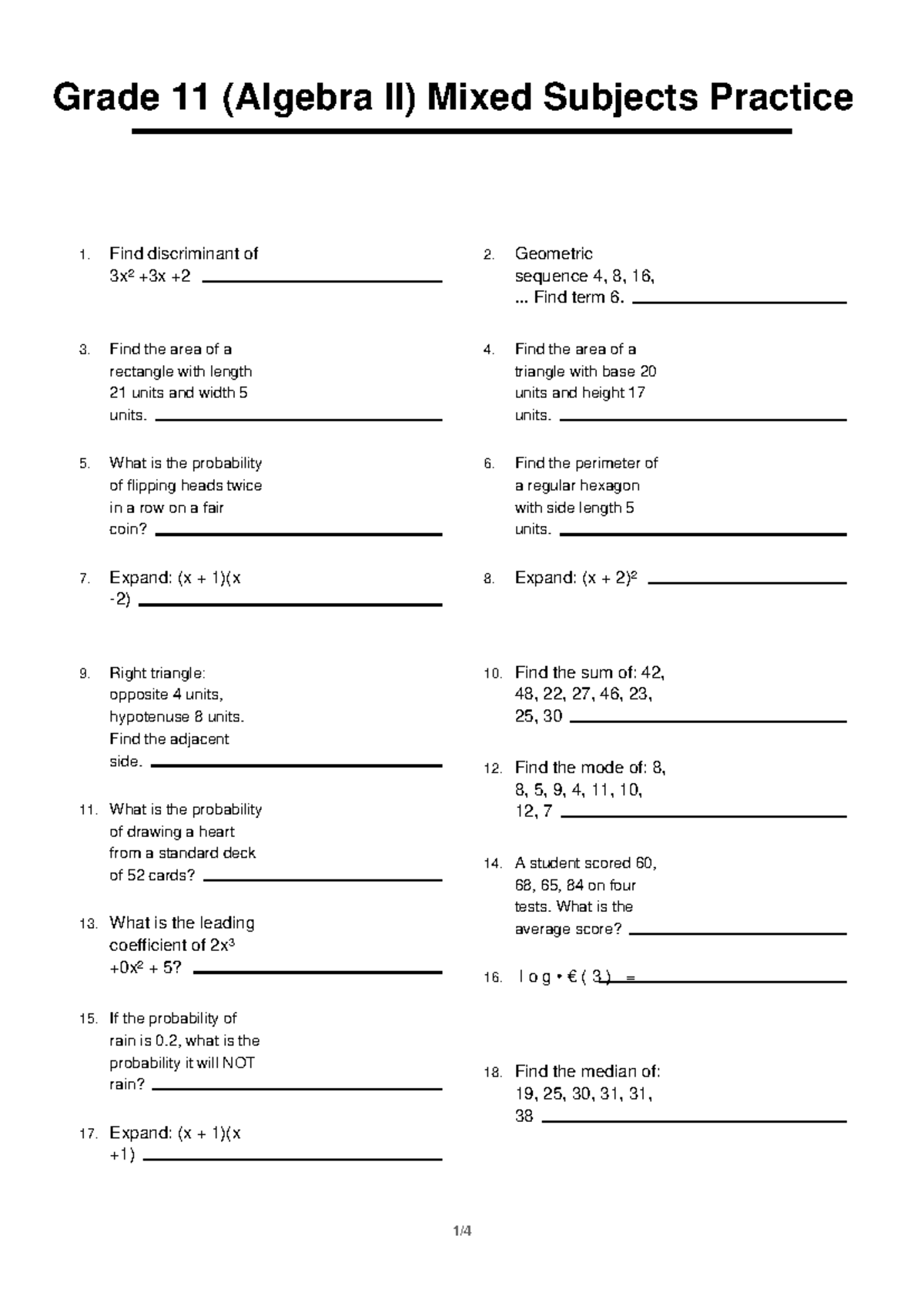 Grade 11 (Algebra II) Mixed Subjects Practice Exam 1 - Studocu