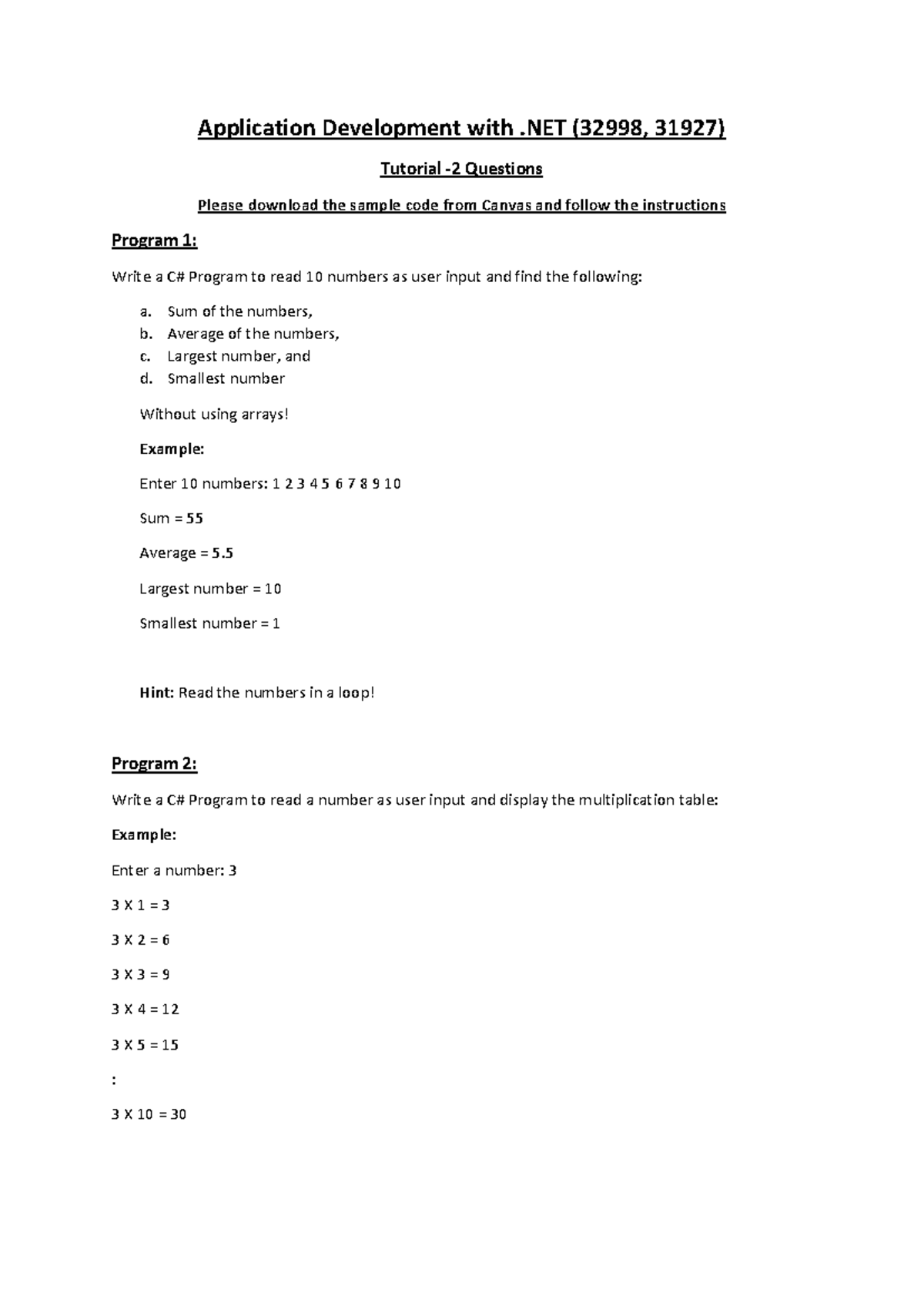 Application Development with .NET (32998, 31927) Tutorial-2 Questions ...