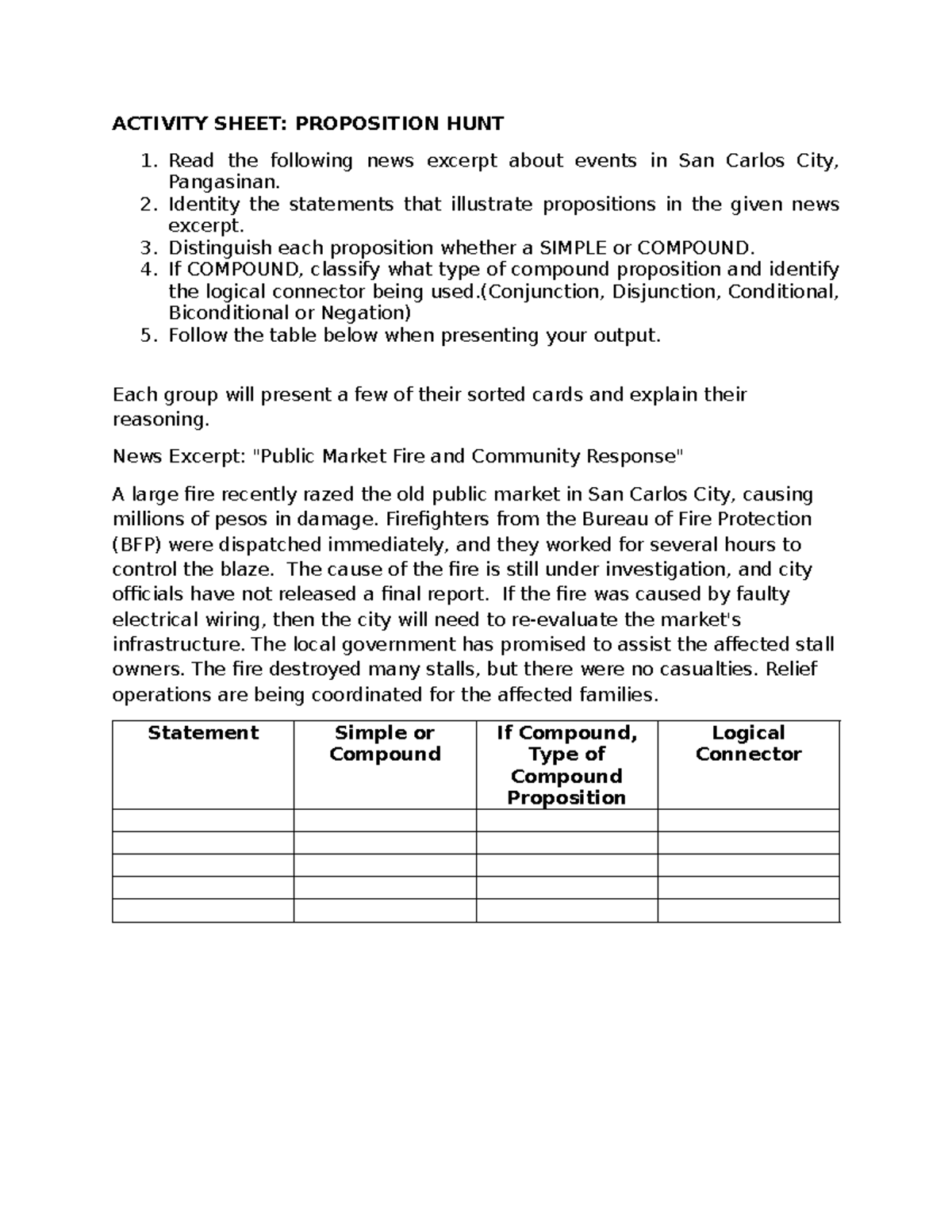 ACTIVITY SHEET: PROPOSITION HUNT - ANALYZING NEWS EXCERPT - Studocu
