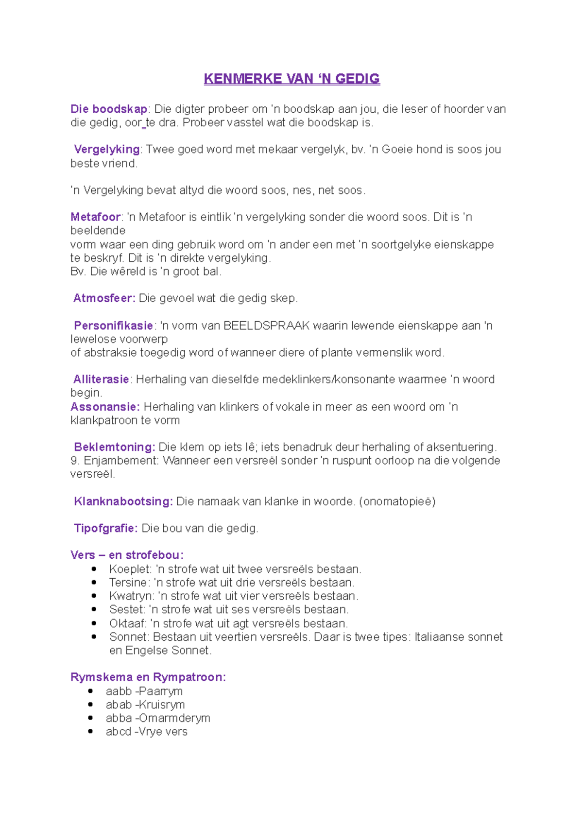 Kenmerke van 'n Gedig – Afrikaanse Poësie Kenmerke en Tegnieke - Studocu