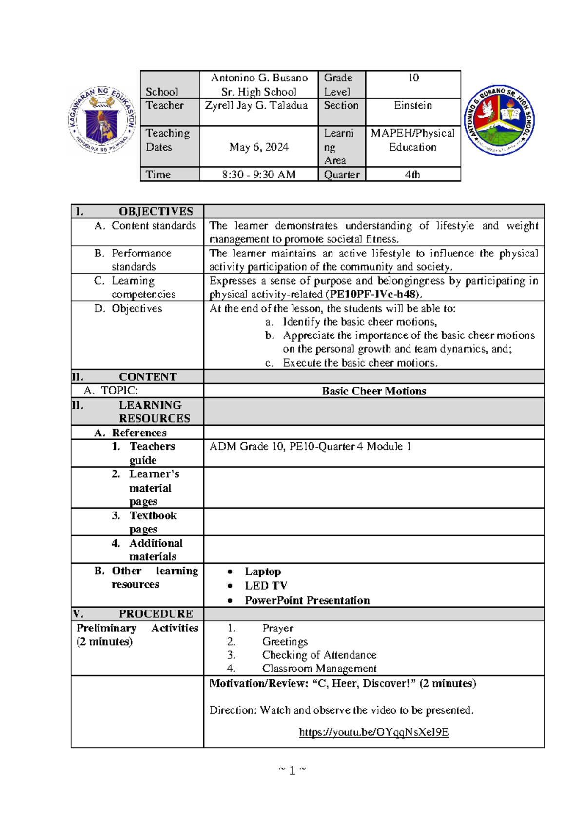 Final Lesson Plan: Basic Cheer Motions for Grade 10 (EDU 101) - Studocu