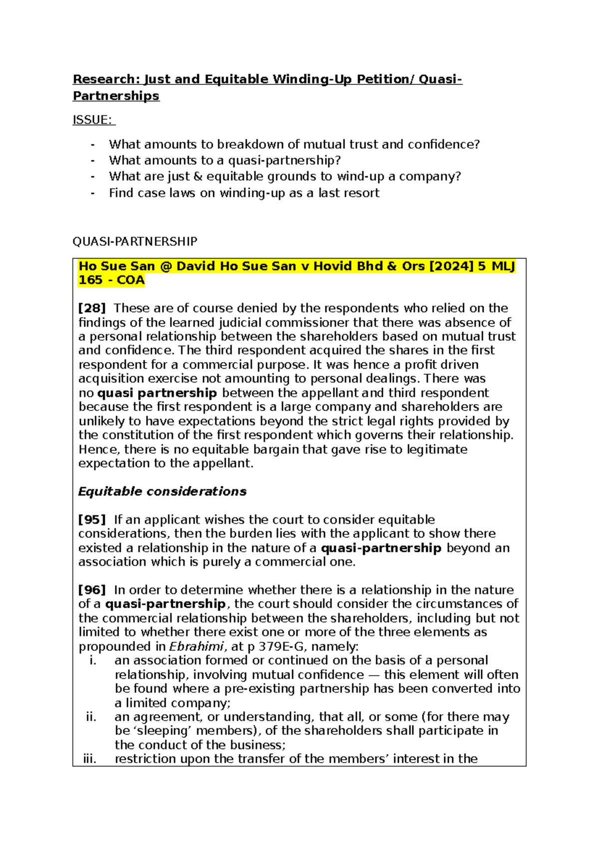 Research: Just and Equitable Quasi-Partnerships - Breakdown of Trust ...