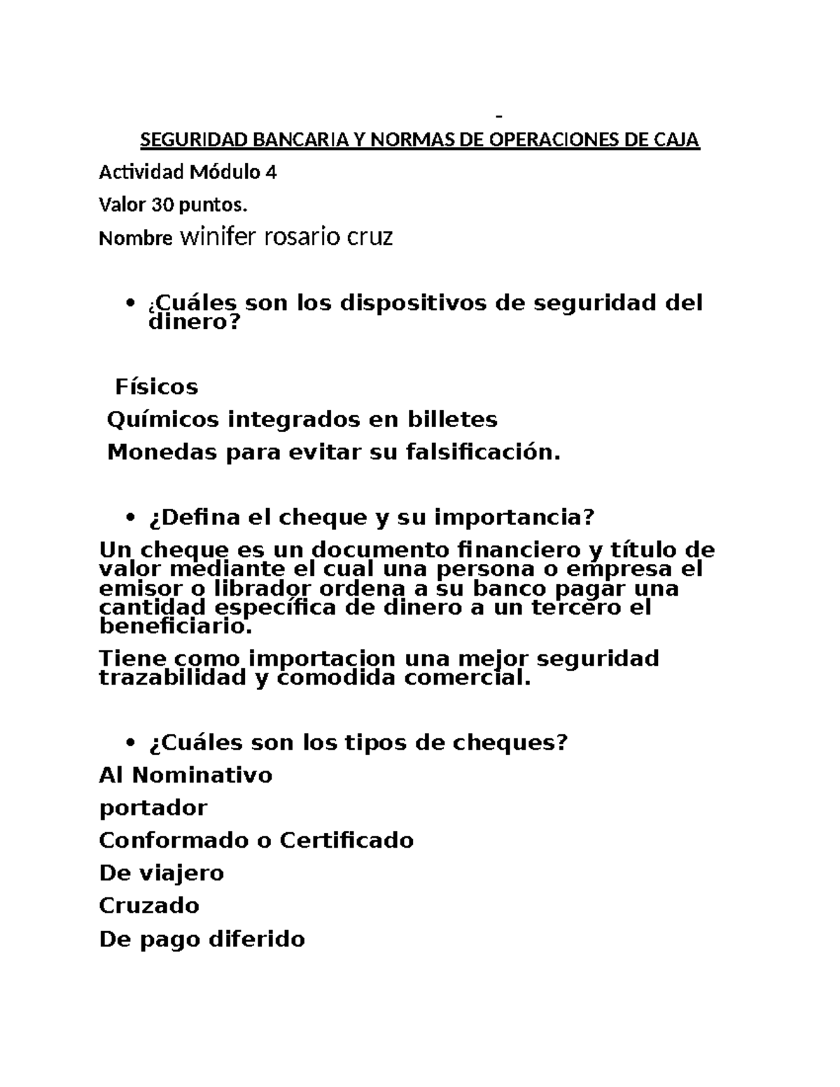 SEGURIDAD BANCARIA Y CHEQUES - Módulo 4 Actividad 30 Puntos - Studocu