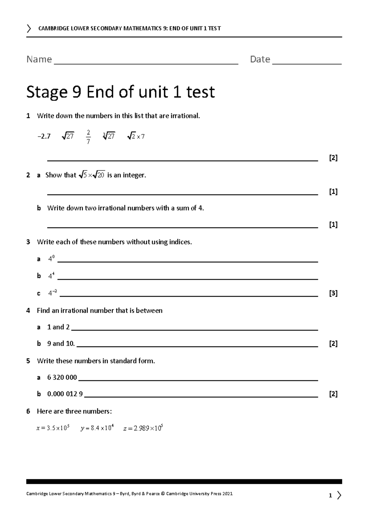 CAMBRIDGE LOWER SECONDARY MATHEMATICS 9: UNIT 1 TEST PRACTICE - Studocu