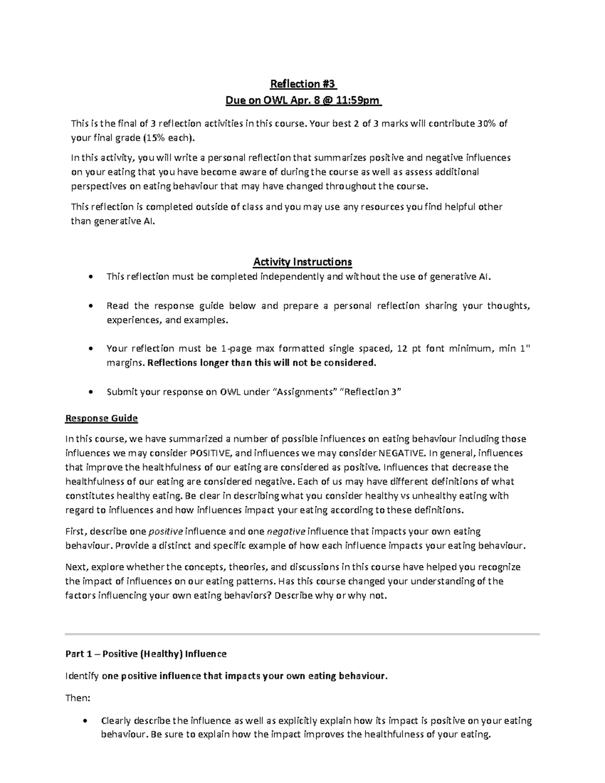 OWL Reflection Activity #3: Personal Insights on Eating Behavior - Studocu