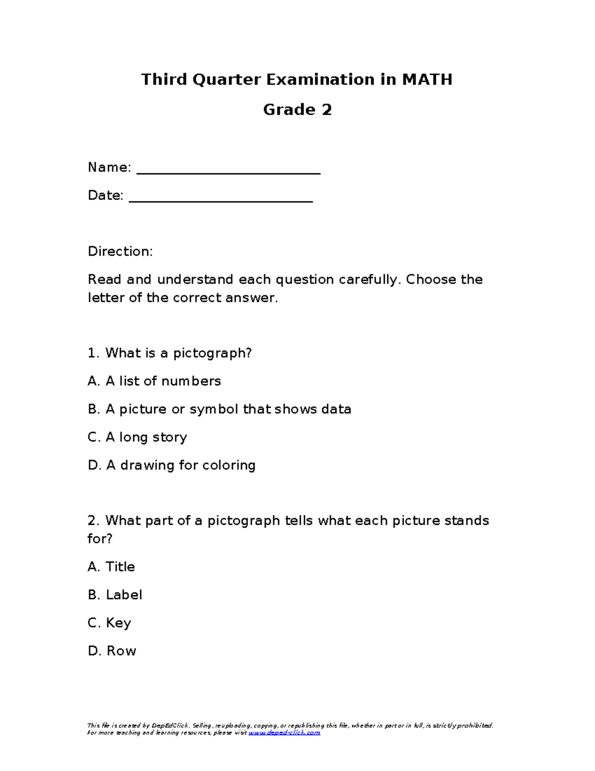 Third Quarter Exam MATH 2 - Pictographs & Multiplication Concepts - Studocu
