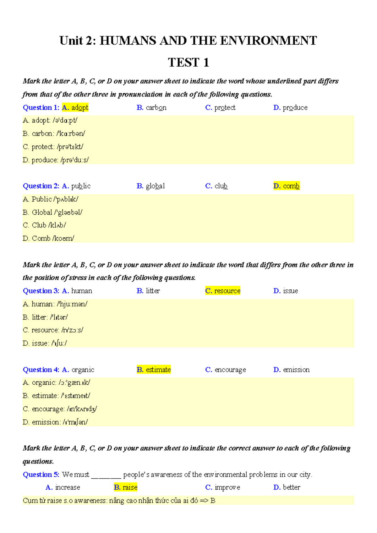 Đáp án Test 1 - Unit 2: Humans and the Environment - Giữa kỳ 1 Anh 10 ...