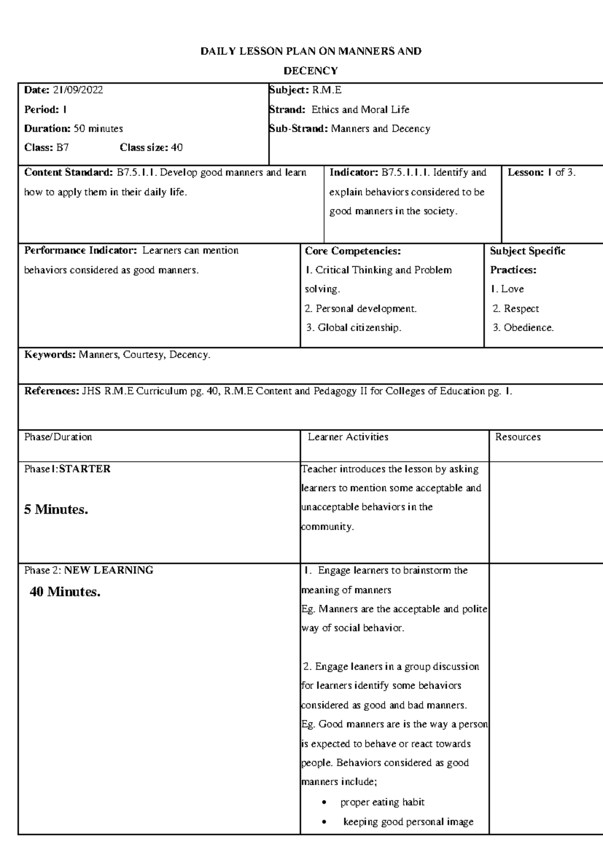 Lesson Plan on Manners for Grade 6 (G6) - R.M.E Ethics Standards - Studocu