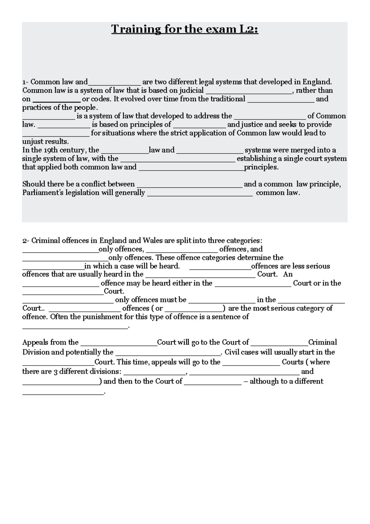 Training for Exam L2: Common Law vs. Legal Systems Overview - Studocu