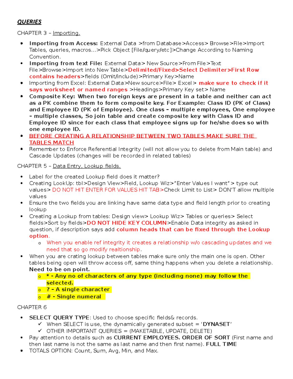 BUS-K 201 Access Ch. 3-6 Summary: Importing, Data Entry & Queries ...