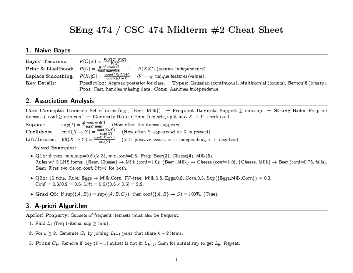 SEng 474 Midterm Cheat Sheet: Naive Bayes & Association Analysis - Studocu