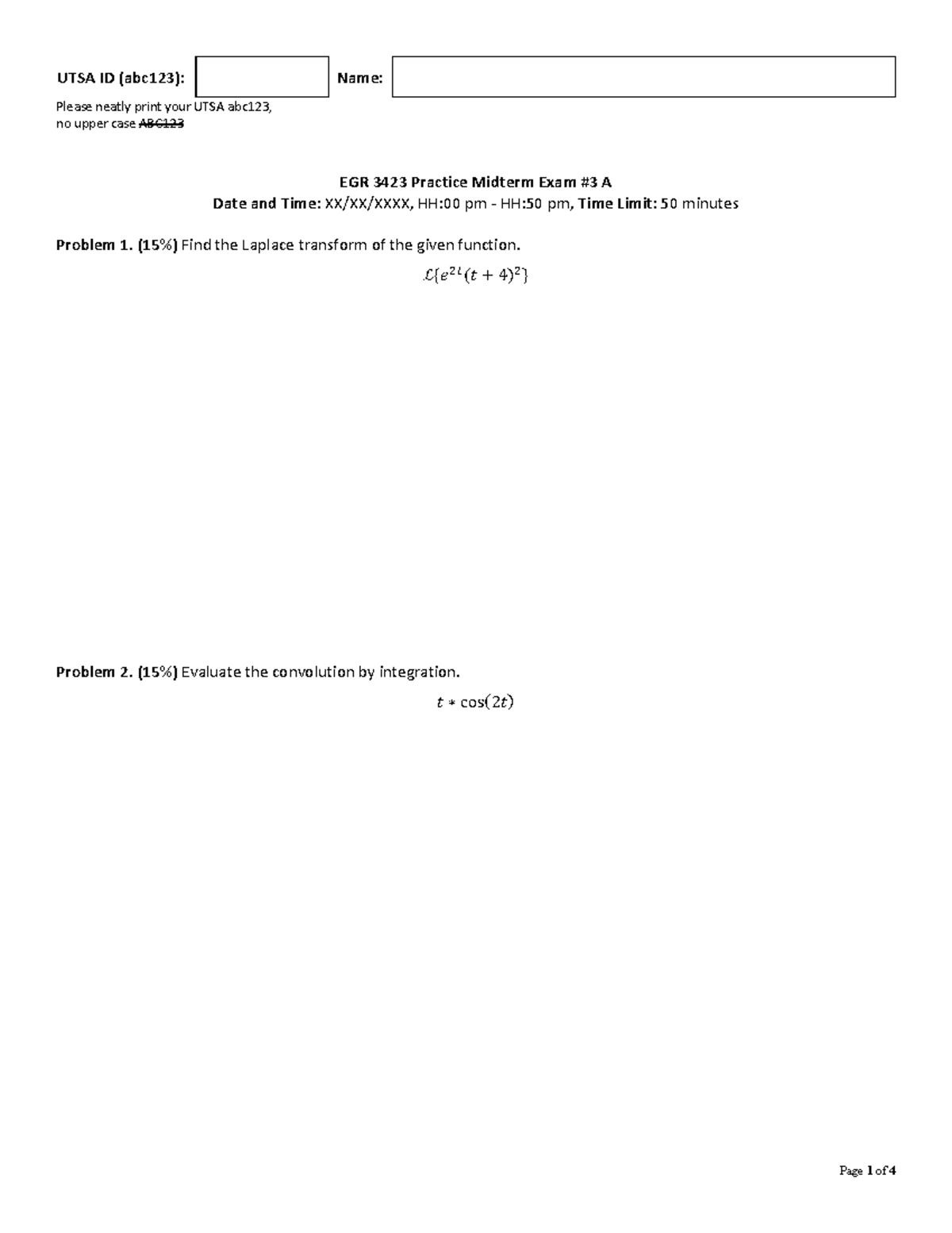 EGR 3423 Practice Midterm Exam A: Laplace Transforms & Convolution ...