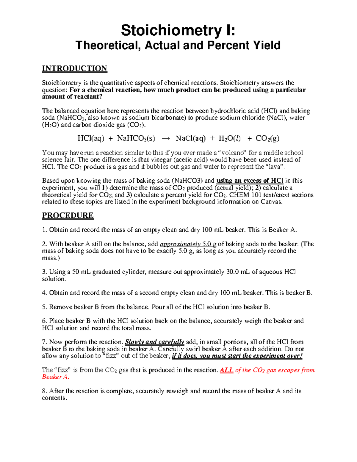 HCl + Baking Soda Stoichiometry Lab Report - CHEM 101 Sp2022 - Studocu