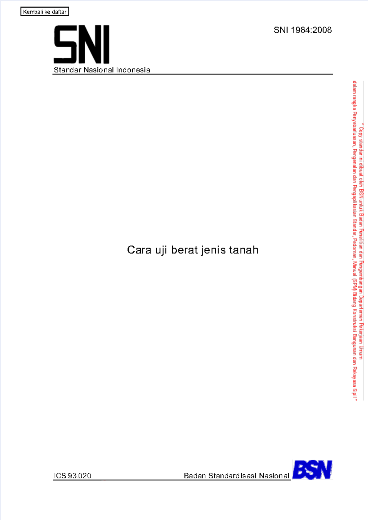 SNI 1964: Cara Uji Berat Jenis Tanah dan Metodologinya - Studocu