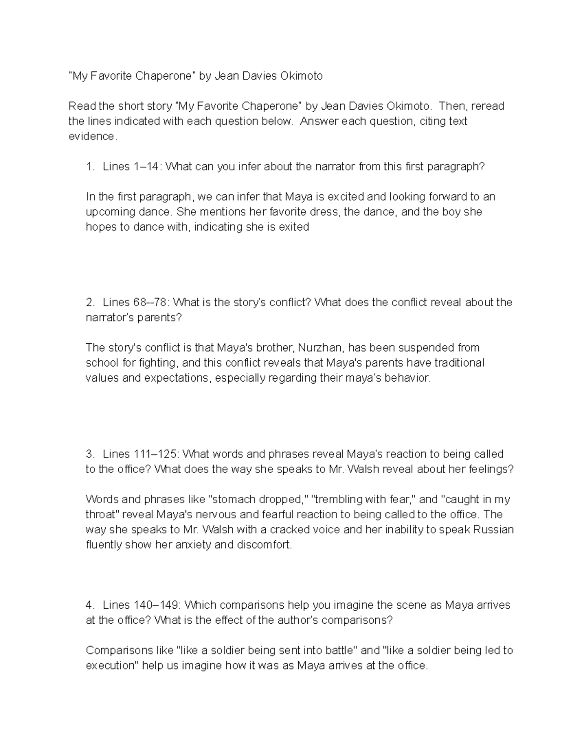 My Favorite Chaperone: Questions & Insights - Edited Version - Studocu