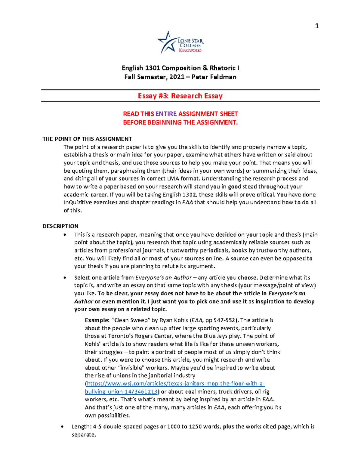 English 1301 - Essay 3 Assignment Sheet: Research Paper Guidelines ...