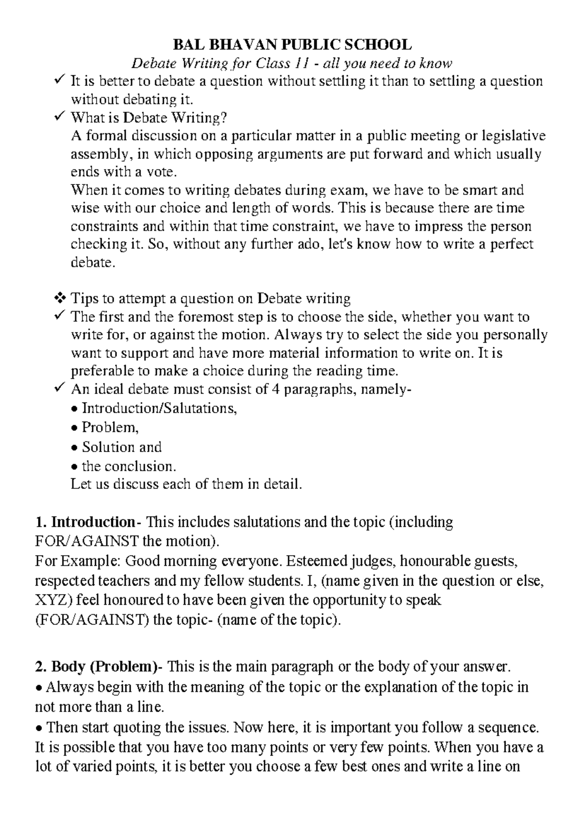 Debate Writing Guide for Class 11: Tips and Sample Questions - Studocu