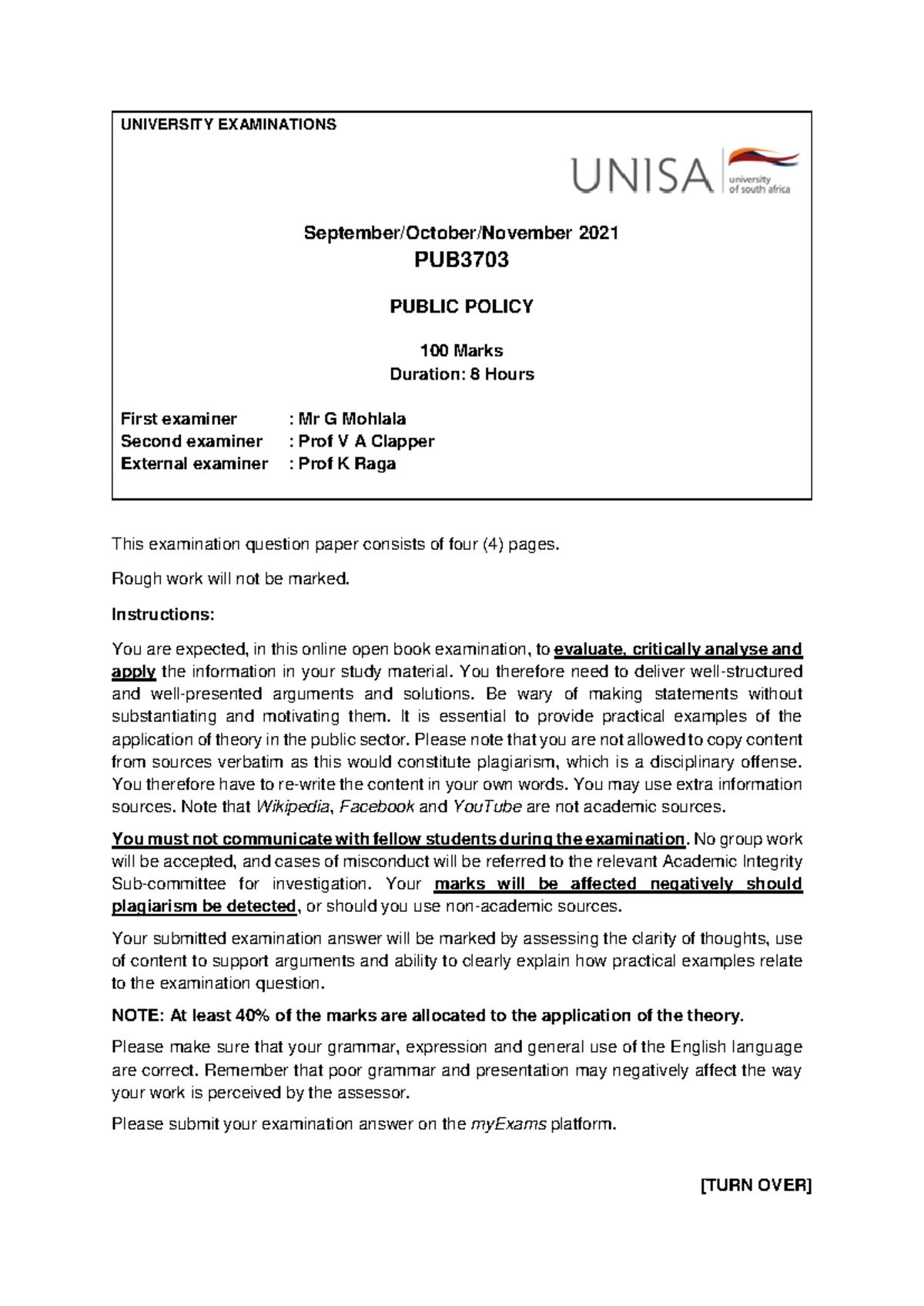 PUB3703 Sept Oct Nov 2021 EXAM - UNIVERSITY EXAMINATIONS September ...